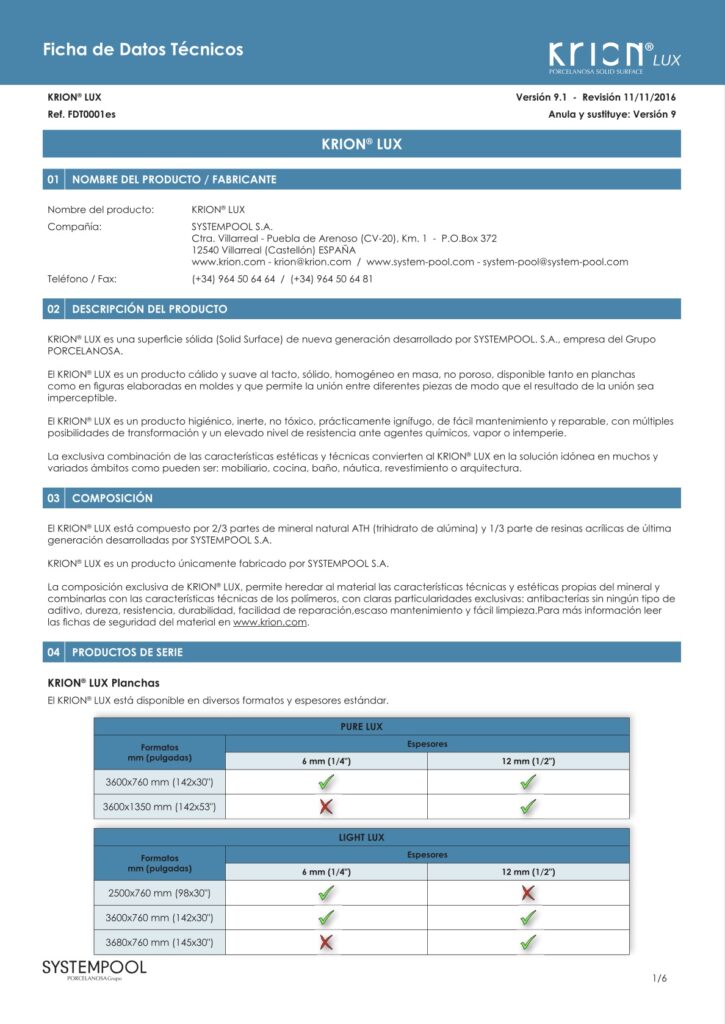 KRION® Technical Sheets | Innova Surface
